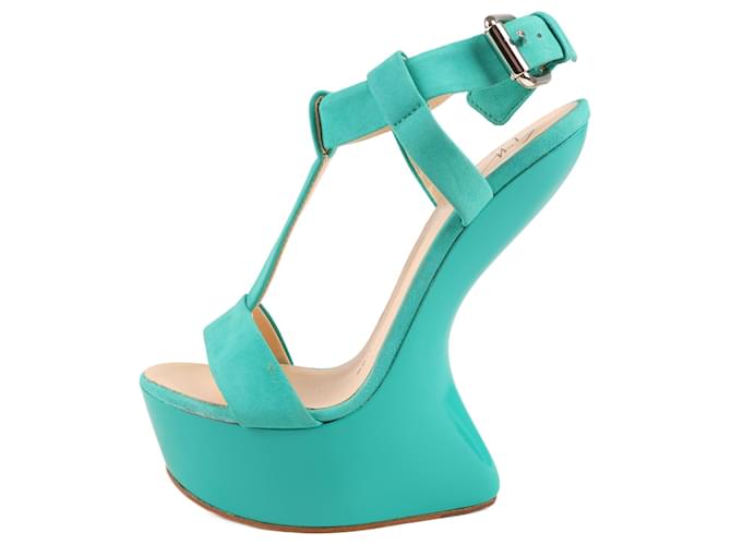 Giuseppe Zanotti Turquoise Blue Suede T Strap Platform Heel Less Wedge ...