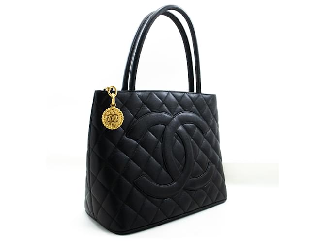 CHANEL Gold Medallion Caviar Shoulder Bag Grand Shopping Tote Black ...