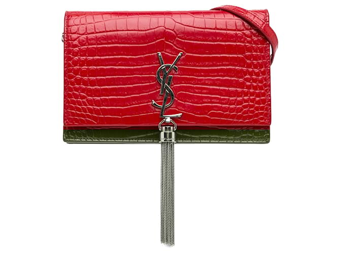 Saint Laurent Red Small Embossed Kate Tassel Wallet on Chain Leather ...