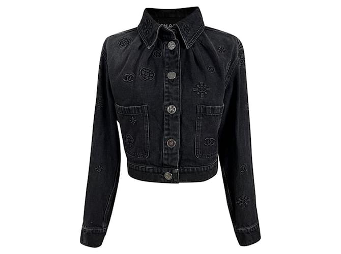 Chanel New Iconic Black Logo Embossed Denim Jacket Cotton ref.1400706 ...