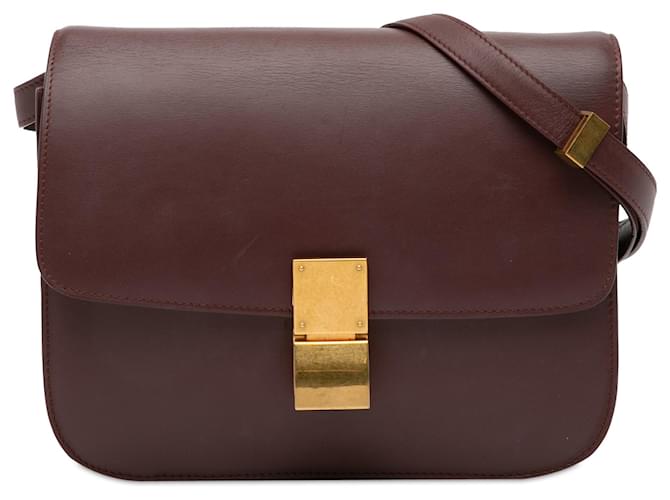 Céline Celine Red Medium Classic Box Dark red Leather Pony-style ...