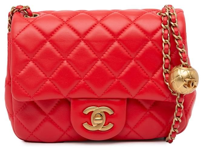 Chanel Red Mini Square Classic Lambskin Pearl Crush Flap Leather ref ...