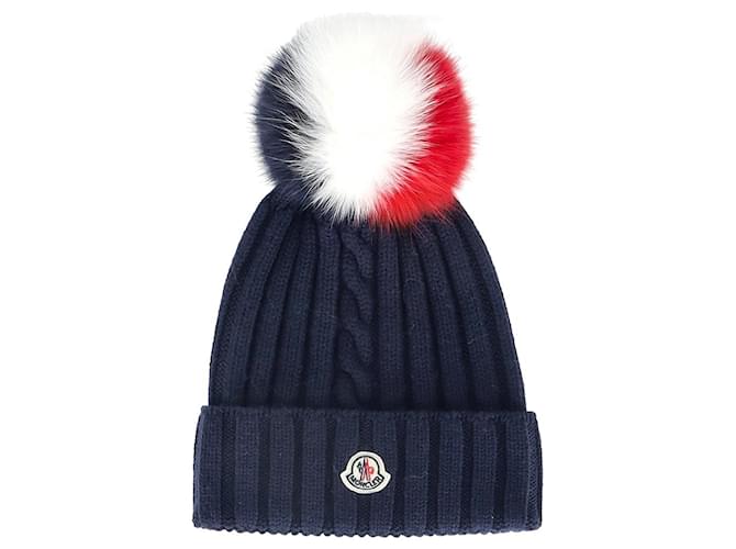 Moncler Beanie with Multicolor Pompom in Navy Blue Wool Cotton ref ...