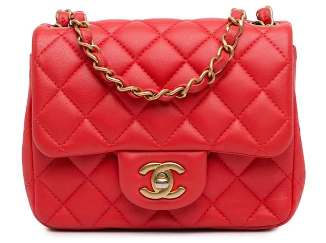 Red Chanel Mini Square Classic Lambskin Single Flap Crossbody Bag ...