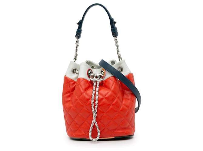 Red Chanel CC Quilted Lambskin Cuba Drawstring Bucket Leather ref ...
