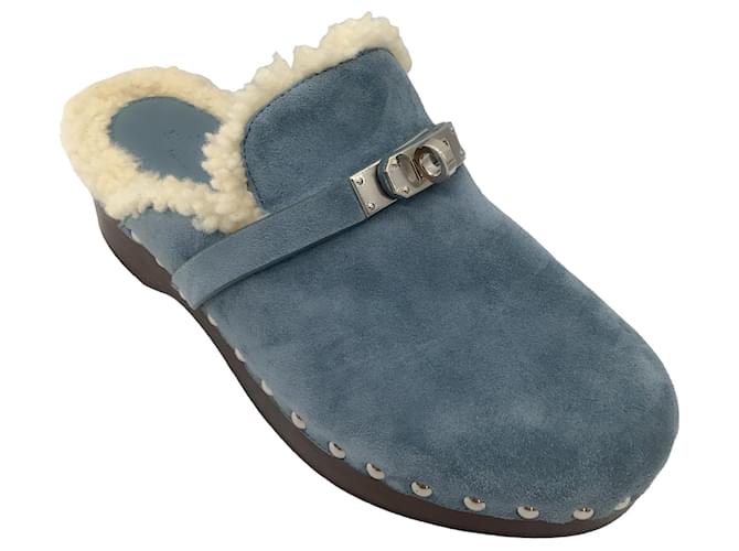 Hermès Hermes Light Blue Suede Goatskin Shearling Lined Carlotta Mules ...