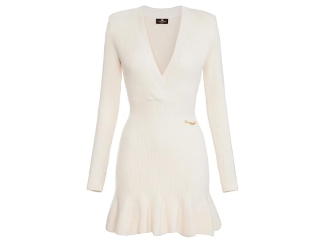 Elisabetta Franchi Butter Knit Mini Dress with Gored Skirt Cream ...