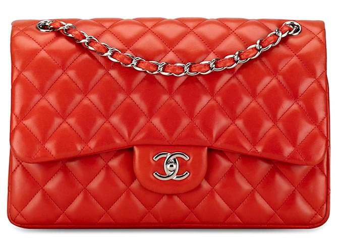 Red Chanel Jumbo Classic Lambskin Double Flap Shoulder Bag Leather ref ...