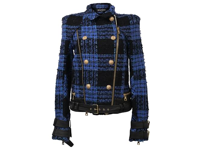 Balmain Tweed Biker Jacket in Blue Wool (Sold) - Joli Closet