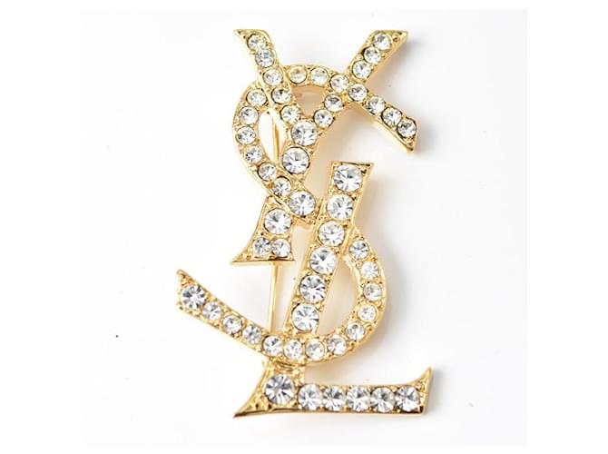 Yves Saint Laurent Saint Laurent YSL Logo Rhinestone Pin Brooch Gold ...