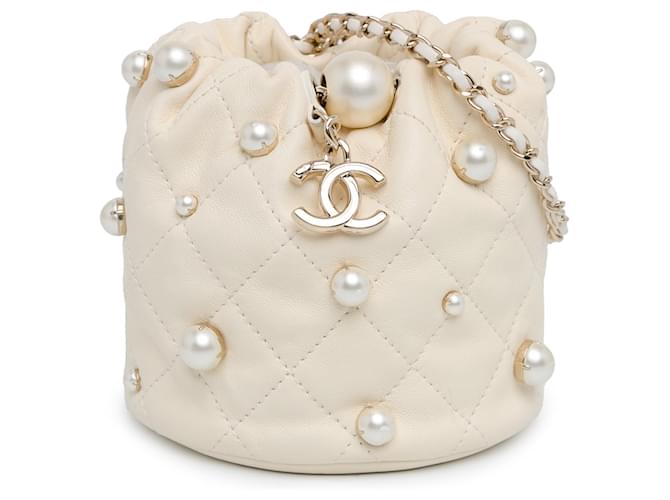 White Chanel Mini Quilted Lambskin About Pearls Drawstring Bucket Bag ...