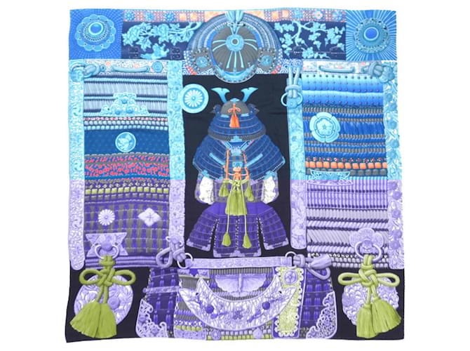 Hermès Hermes Carre Muffler 140 Samurai Armor Helmet Blue Silk Cashmere ...