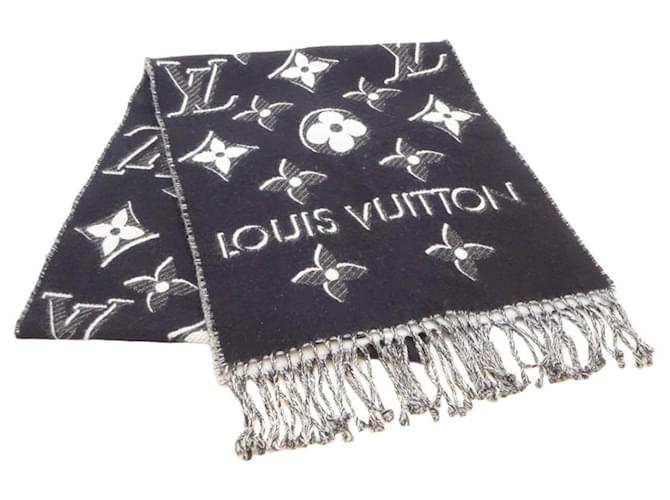 Louis Vuitton Echarpe LV Essential Shine Muffler Black Silk Wool Rayon ...