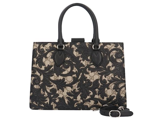 Gucci Arabesque GG Supreme Shoulder Bag Black Beige Leather Cloth ref ...