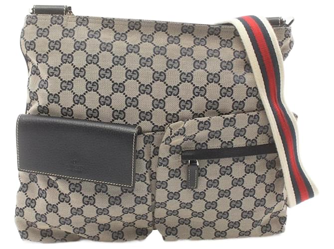 Gucci GG Canvas Sherry Line Shoulder Bag Cream Navy blue Leather Cloth ...