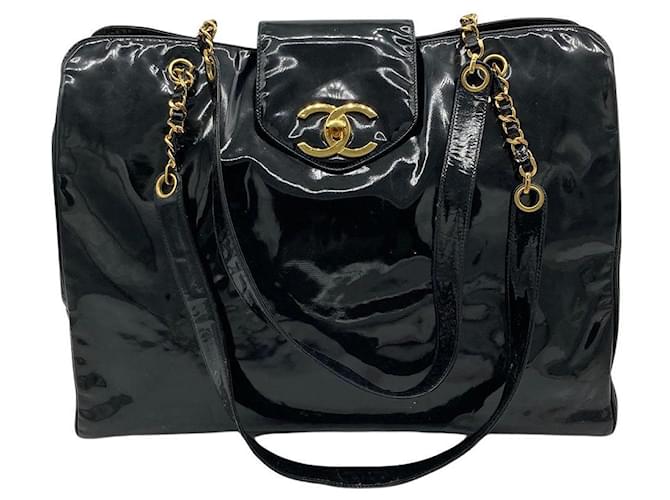 Timeless Chanel Vintage Black Patent XL Weekender Super Model Tote ...