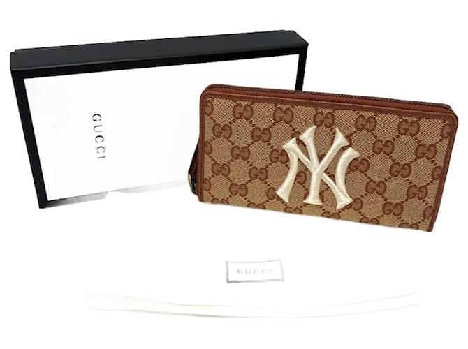 Gucci GG New York Yankees Collaboration Long Wallet Beige Leather Cloth ...