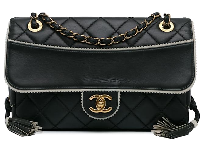 Chanel Black CC Quilted Lambskin Tassel and Border Embellished Flap ...