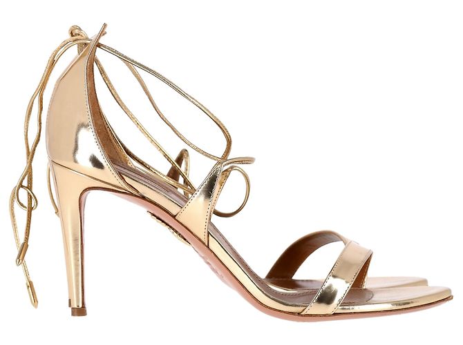 Aquazzura Linda Ankle Strap Sandal Heels in Gold Leather Golden ref ...