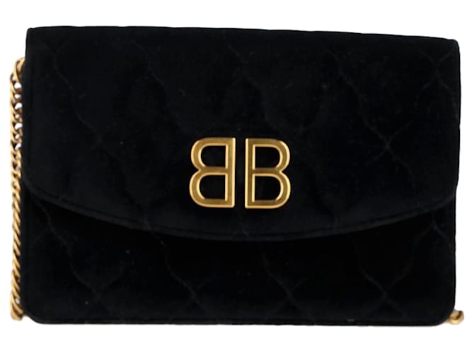 Balenciaga BB Round Wallet on Chain Quilted in Black Velvet Leather ref ...
