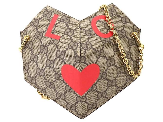 Gucci GG Supreme Small Heart Chain Shoulder Bag Brown Red Beige Cloth ...