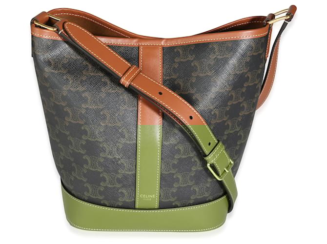 Céline Celine Tan Calfskin Triomphe Canvas Small Bucket Bag Brown Cloth ...