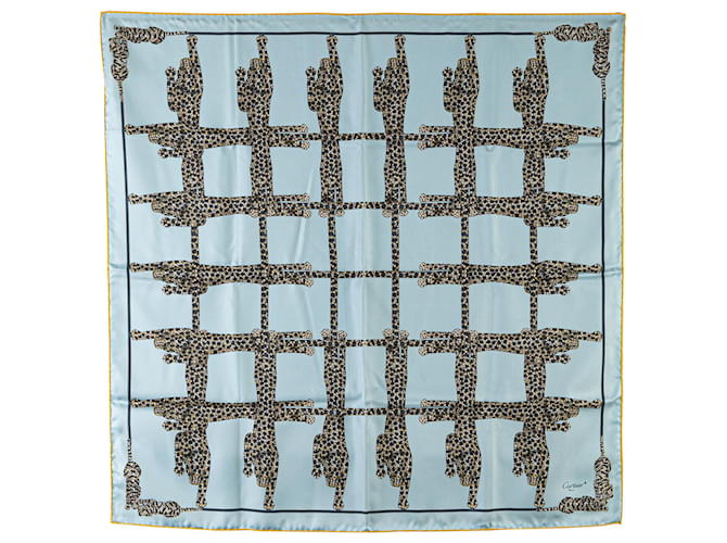 Cartier Blue Panther Silk Scarf Light blue Cloth Satin ref.1619277 ...
