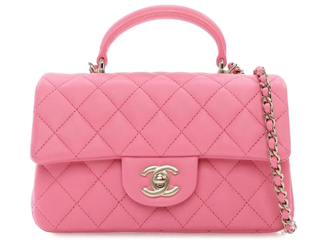 Chanel Pink Mini Rectangular Lambskin Top Handle Single Flap Leather ...