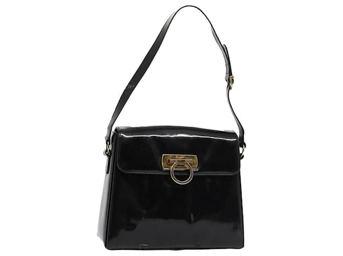 Salvatore Ferragamo Gancini Shoulder Bag Enamel Black Gold Auth 87741 ...