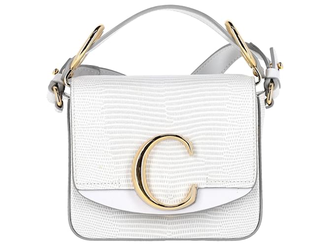 Chloé C Mini Lizard Embossed Top Handle Bag in White Leather ref ...