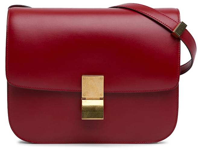Céline Celine Red Medium Classic Box Dark red Leather Pony-style ...