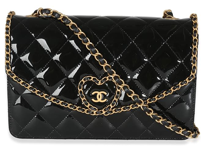 Timeless Chanel 24A Black Quilted Patent Chain Around Heart Flap Bag ...