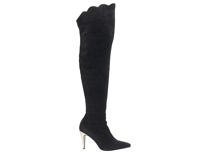 Gianni Versace Black Suede Scalloped Topline Gold Heel Knee High Boot ...