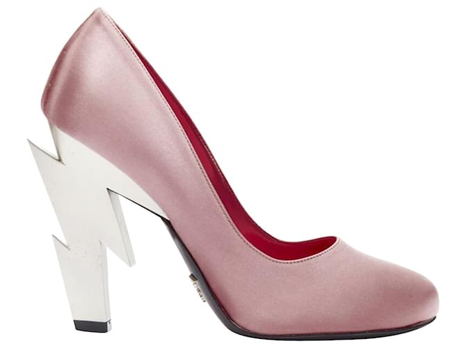 Prada Lightning Bolt Pink Silk Satin Silver Metal Heel Pump Eu37 ref ...