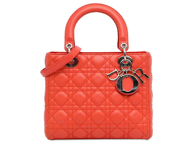 Orange Dior Medium Lambskin Cannage Lady Dior Satchel Leather ref ...