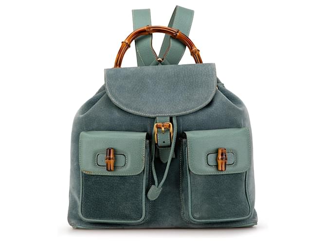 Blue Gucci Suede Bamboo Backpack Leather ref.1664073 - Joli Closet