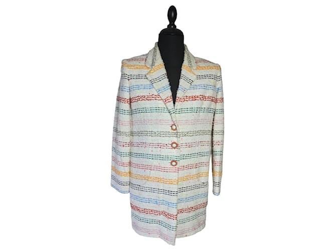 Chanel 19P Runway Oversized Tweed White Striped Long Jacket Coat FR 38 ...