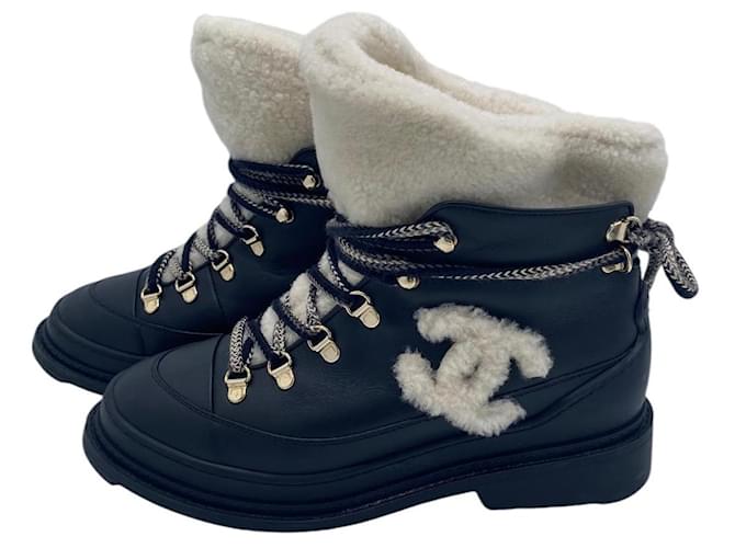 Bottes d'hiver en agneau shearling Chanel 2020 CC EU 38,5 Cuir Noir ref ...