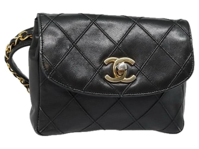 CHANEL Bicolore Chain Waist bag Leather Black Gold CC Auth bs18454 ...