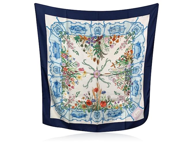 Gucci Vintage Rare Floral Pattern Silk Scarf Accornero Blue Border ref ...