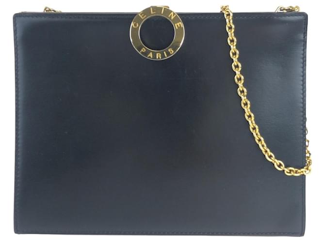Céline Celine Vintage Logo Circle Chain Shoulder Bag Black Leather ref ...