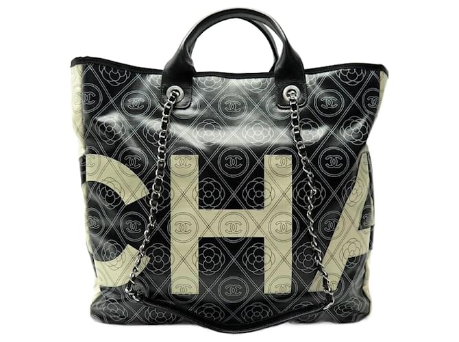 NEW CHANEL XXL SHOPPING TOTE BAG CAMELIAS & BLACK CC LOGO CANVAS Cloth ...