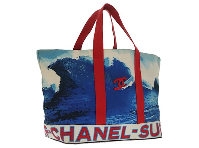 CHANEL Surf Line Tote Bag Canvas Blue Red white CC Auth yk15741 Cloth ...
