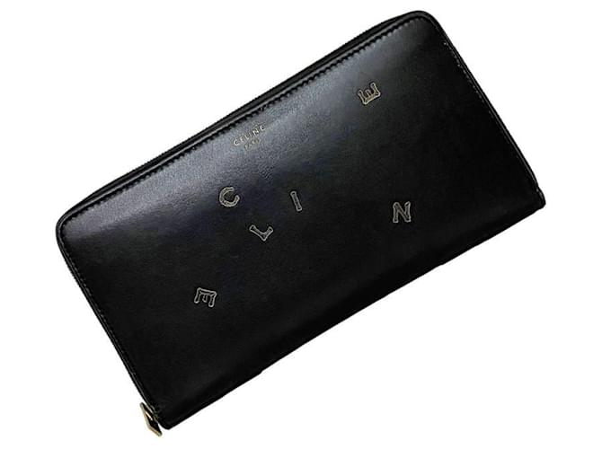 Céline Celine Round Long Wallet in Black and Gold Golden Leather ref ...