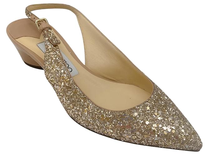 Jimmy Choo Gold Metallic Glitter Low Heel Slingback Pumps Golden ref ...