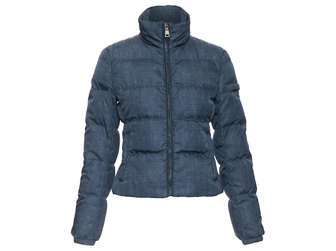 Prada Denim Fabric Print Triangle Logo Cropped Puffer Jacket Blue ...