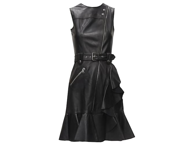 Alexander McQueen leather biker belted ruffle trim dress Black ref ...