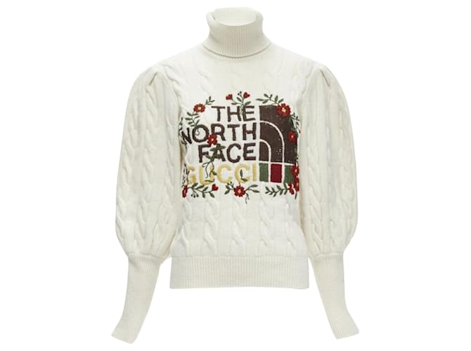 Gucci The North Face wool floral logo embroidery cable knit turtleneck ...
