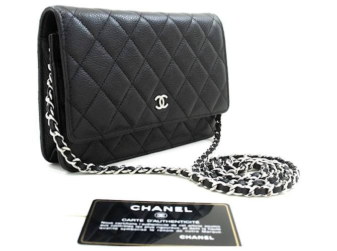 CHANEL Grained Calfskin Wallet On Chain WOC Black Shoulder Bag Leather ...