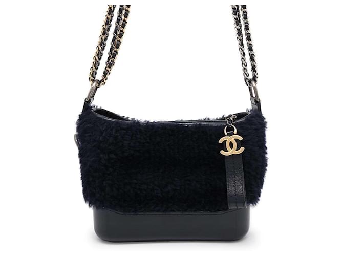 Chanel Gabrielle de Small Hobo Shoulder Bag Navy blue Leather Fur ref ...